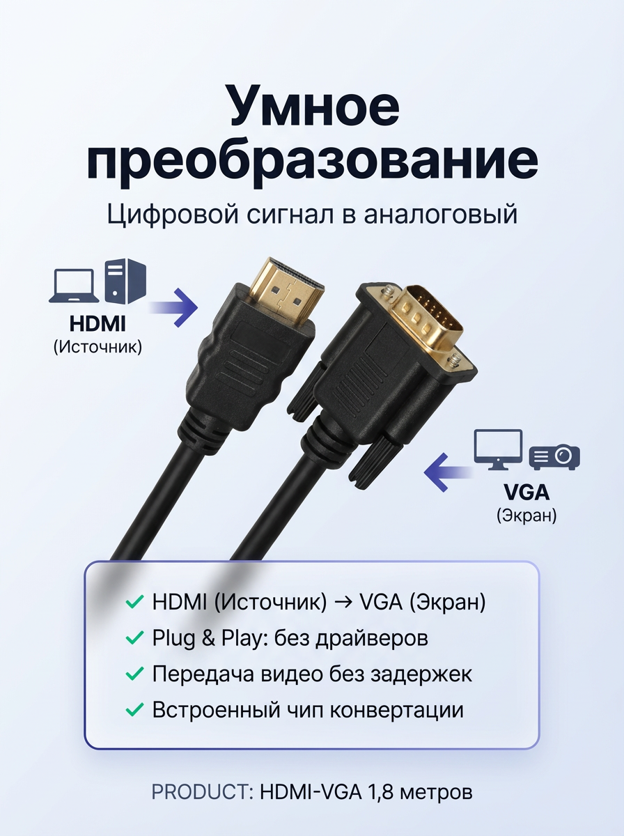 Кабель-переходник VCOM HDMI-VGA, активный адаптер 1.8 м, Full HD 1080p, экранированный — фото 1