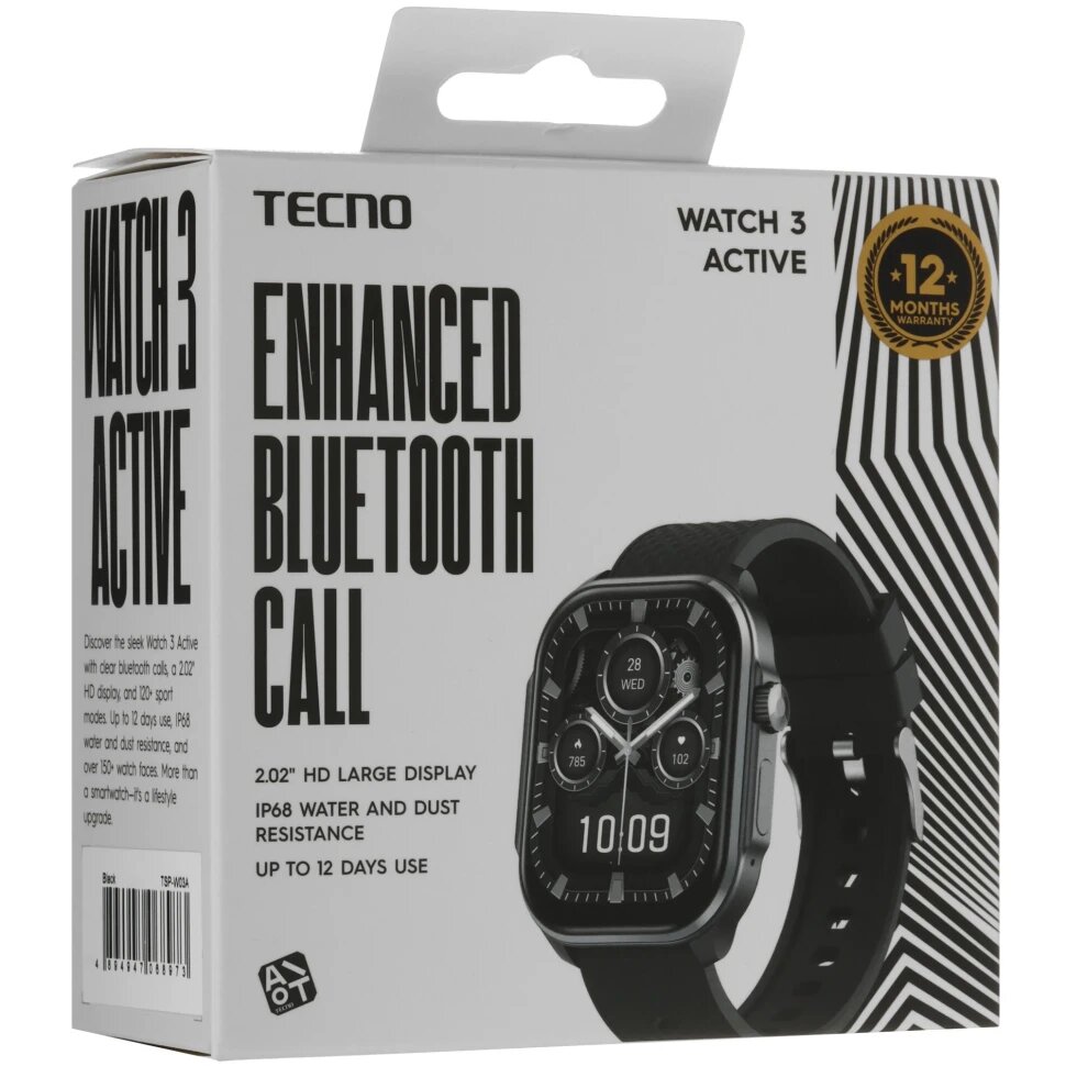 Смарт-часы Tecno Watch 3 Active, 2.04" IPS, 284x240, IP68, 350 мА*ч, черный