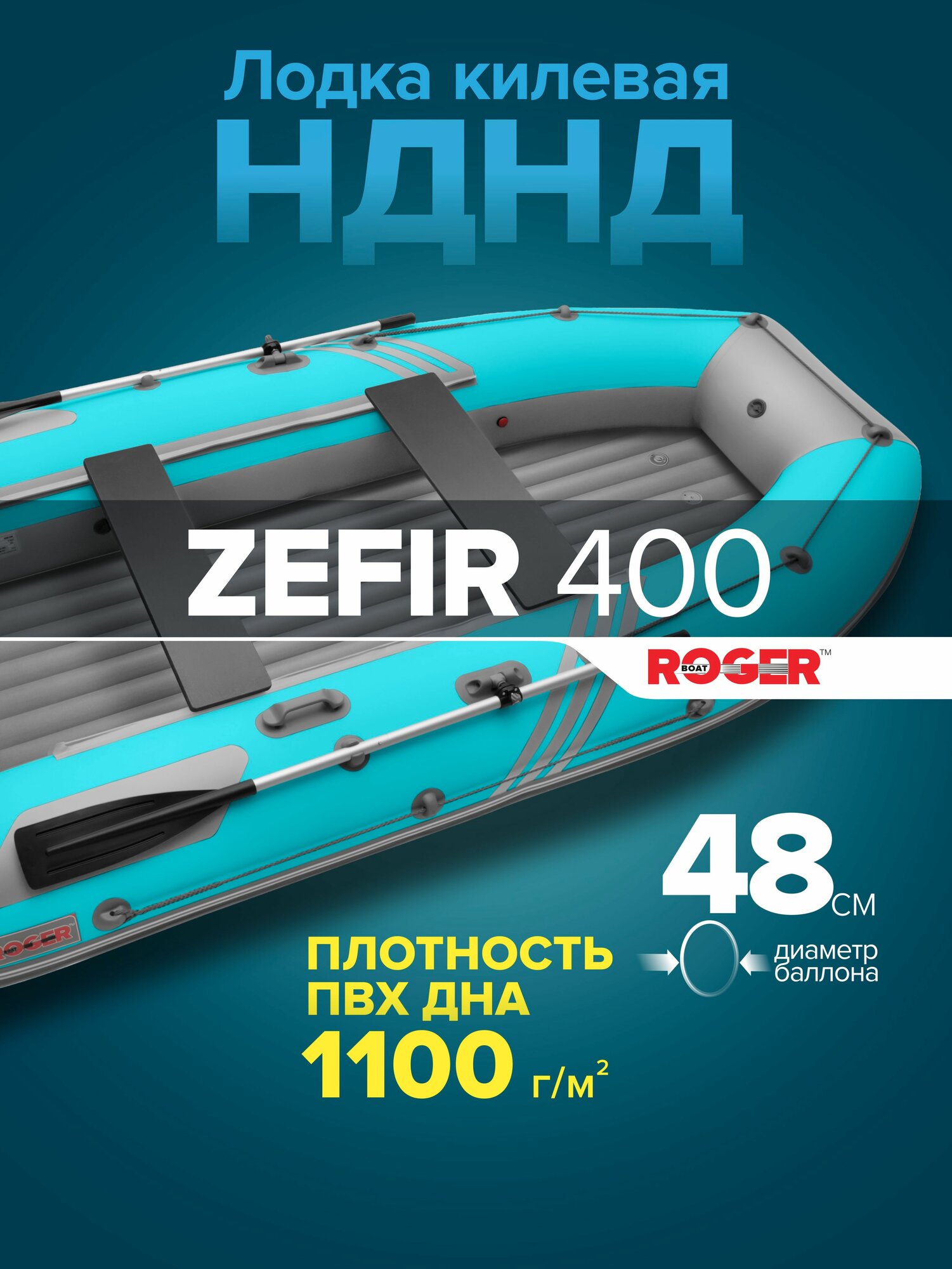 Лодка ПВХ под мотор ROGER Zefir 400, надувная для рыбалки НДНД килевая (бирюзовый серый)