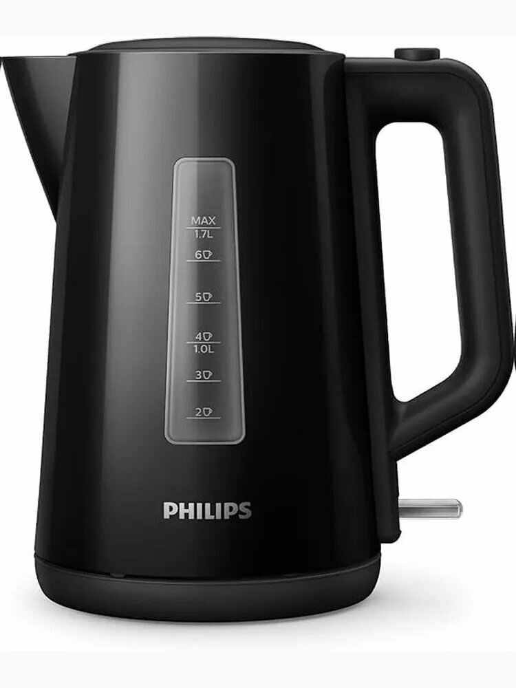 Philips Электрический чайник Чайник серии 3000, 1,7 л, подпружиненная крышка, плоский нагревательный элемент, индикаторная лампочка, съемный фильтр, различные системы безопасности, черный (HD9318/20), черный