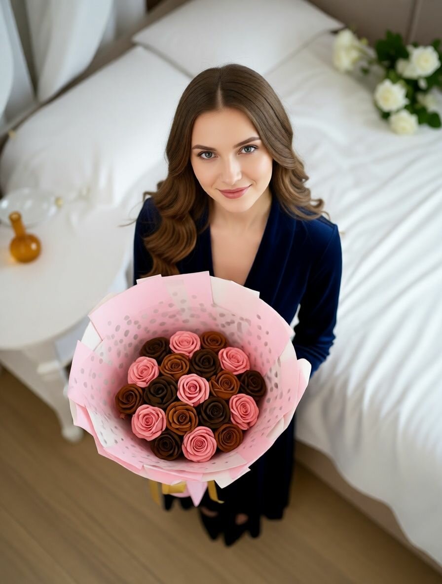 Сладкий букет из конфет на день рождения/8 марта19 шоколадных роз ТД НебыковА розовый молочный 228 гр