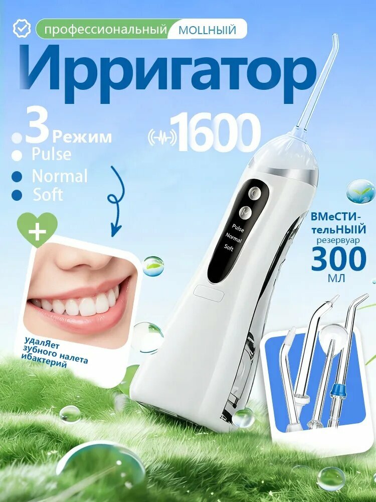 Ирригатор, беспроводной, с регулировкой давления воды, 3 режима, 4 насадки, белый