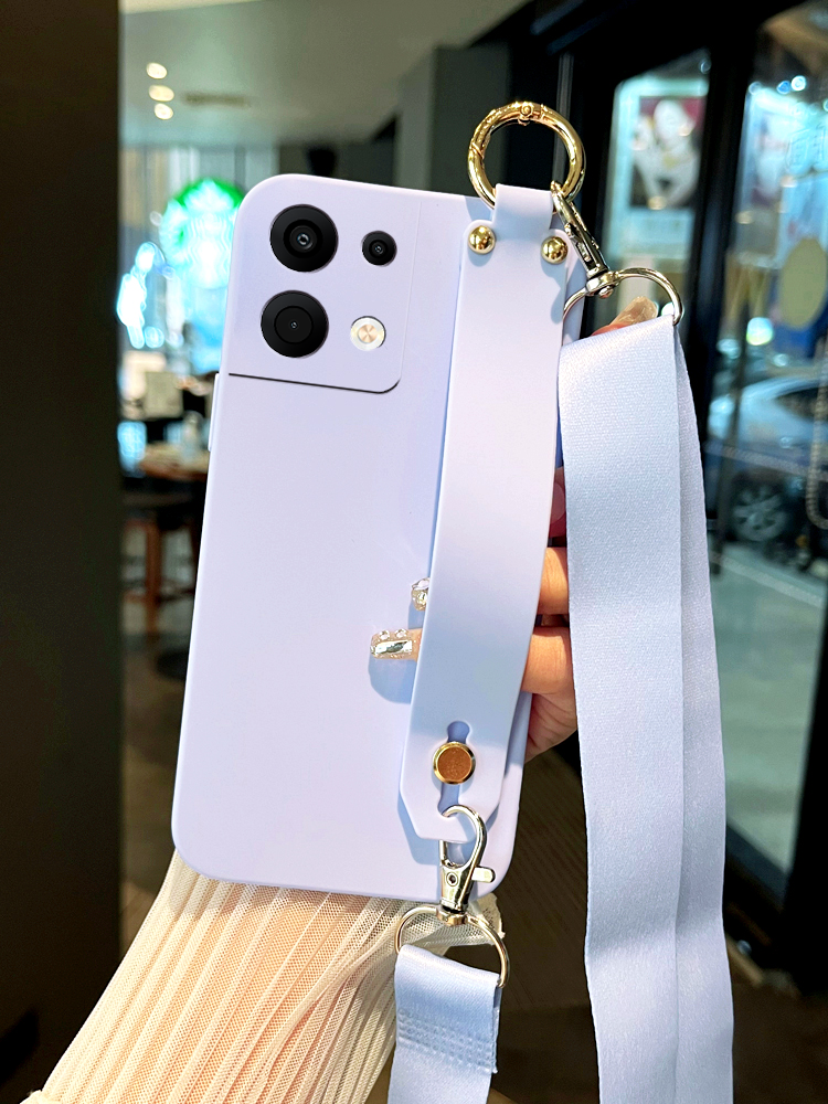 OPPO Reno9 Лиловый пурпурный чехол с запястным ремнем и бесплатным ремнем для мобильного телефона