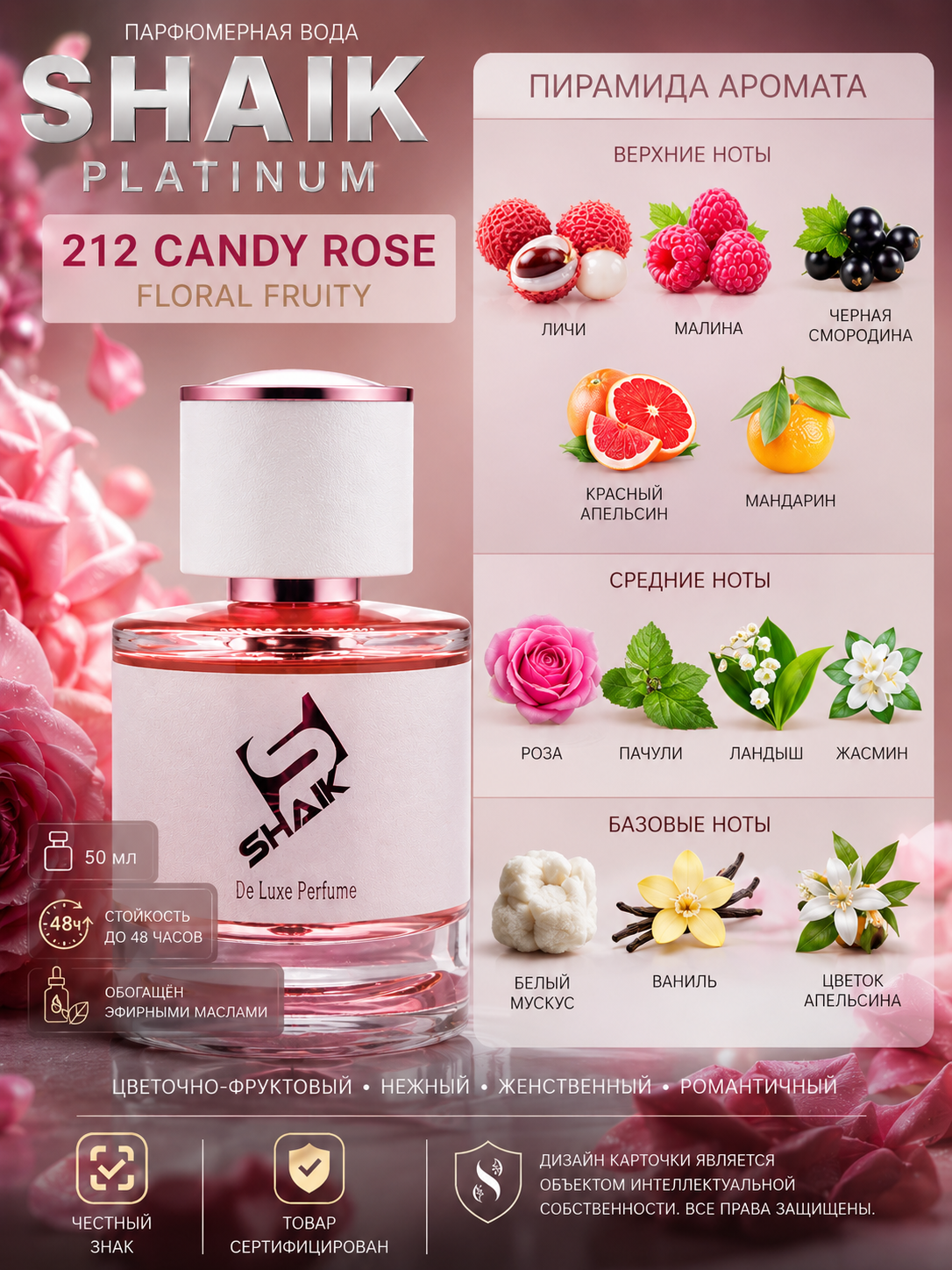 Парфюмерная вода SHAIK Candy Rose Deluxe №212, женская, 50мл