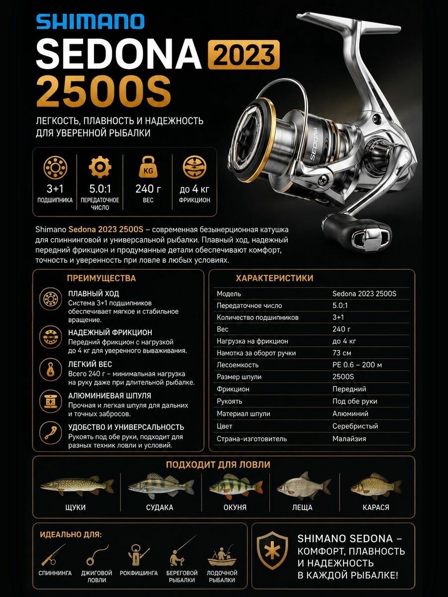 Катушка безынерционная Shimano Sedona 2023 2500S 5.0:1 3+1BB, передний фрикцион, алюминиевая шпуля