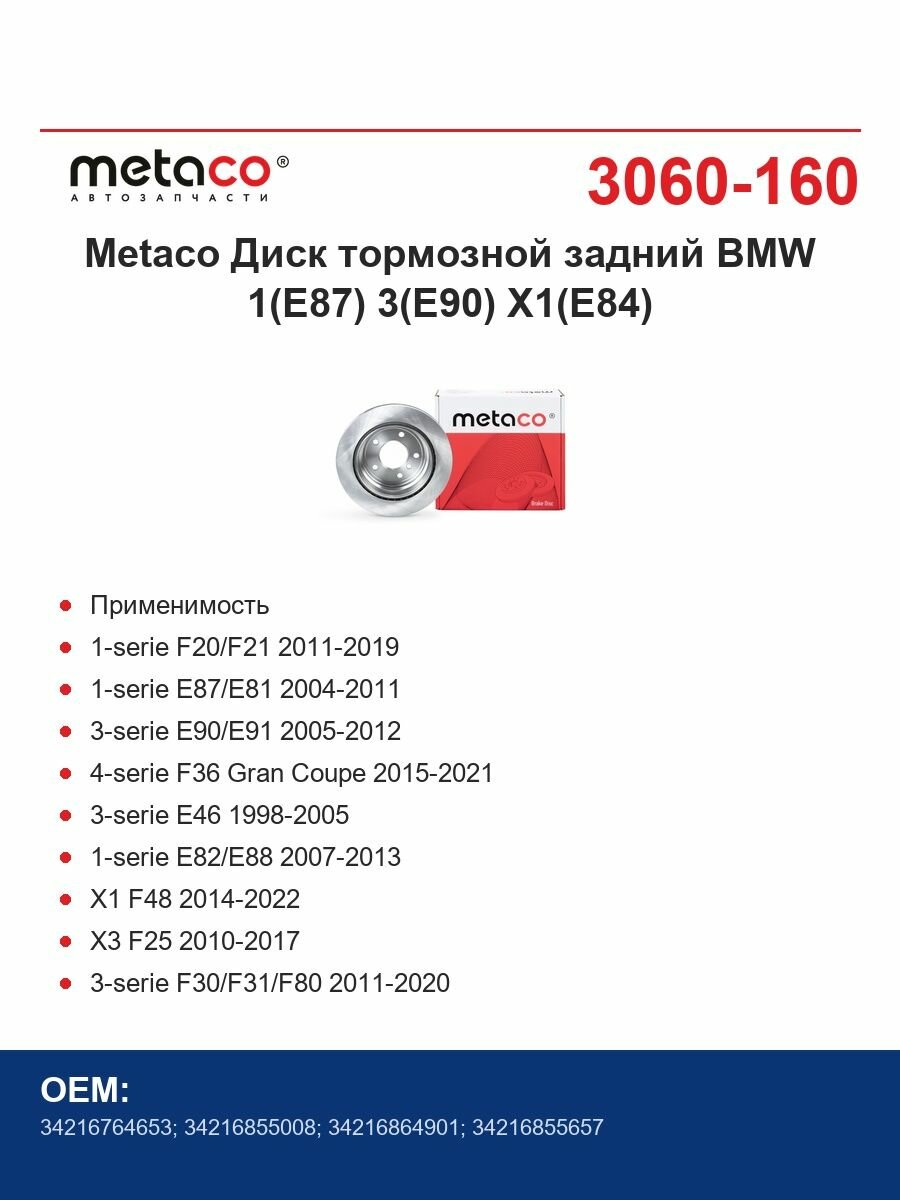 Metaco Диск тормозной задний BMW 1(E87) 3(E90) X1(E84)