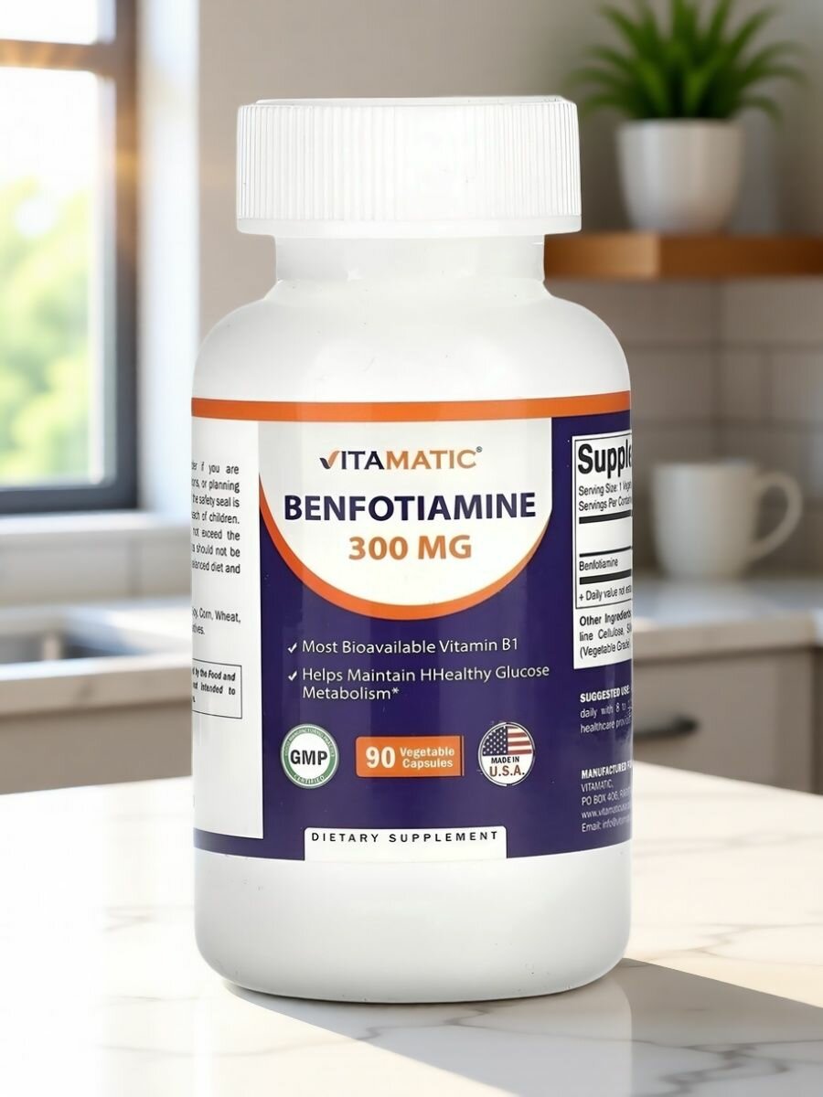 Бенфотиамин, 300 мг, 90 растительных капсул, Vitamatic