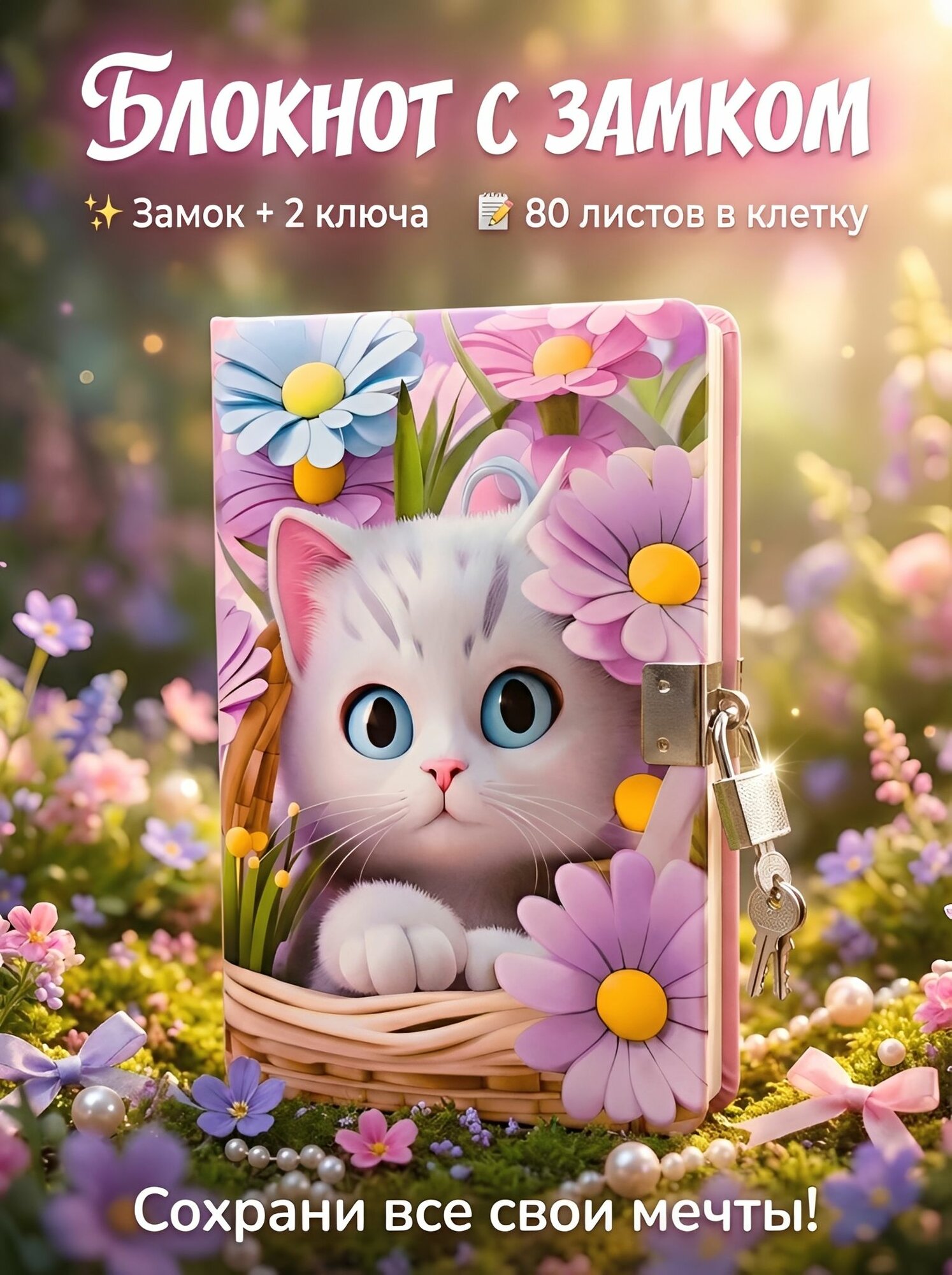 Блокнот с замочком для девочки "Котята"/ Ежедневник на замке, 80 листов