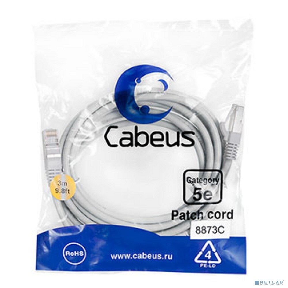 Cabeus PC-FTP-RJ45-Cat.5e-3m-LSZH Патч-корд F/UTP, категория 5е, 2xRJ45/8p8c, экранированный, серый, LSZH, 3м