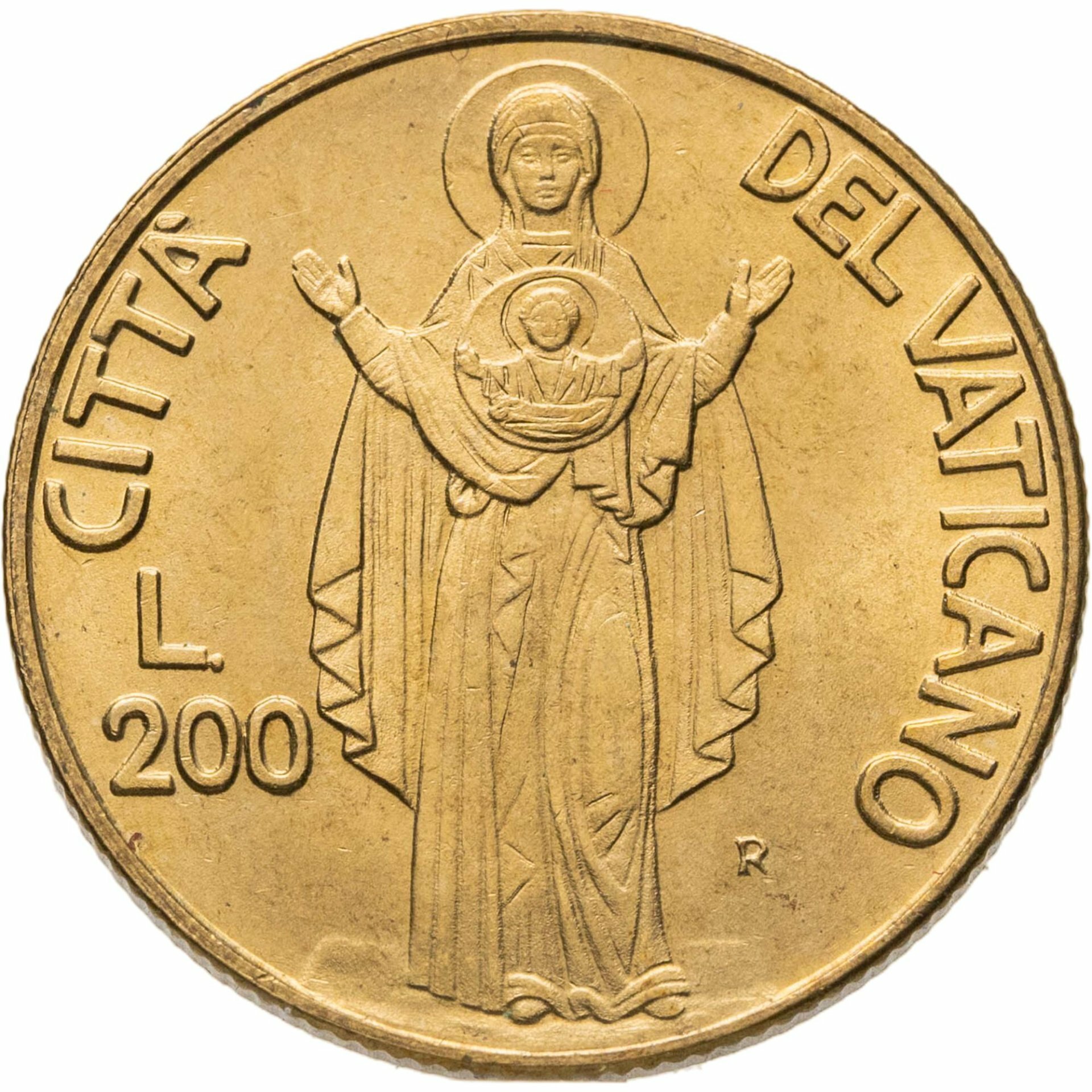 Ватикан 200 лир 1990 "Пресвятая Дева", Алюминиевая бронза, в сохранности UNC