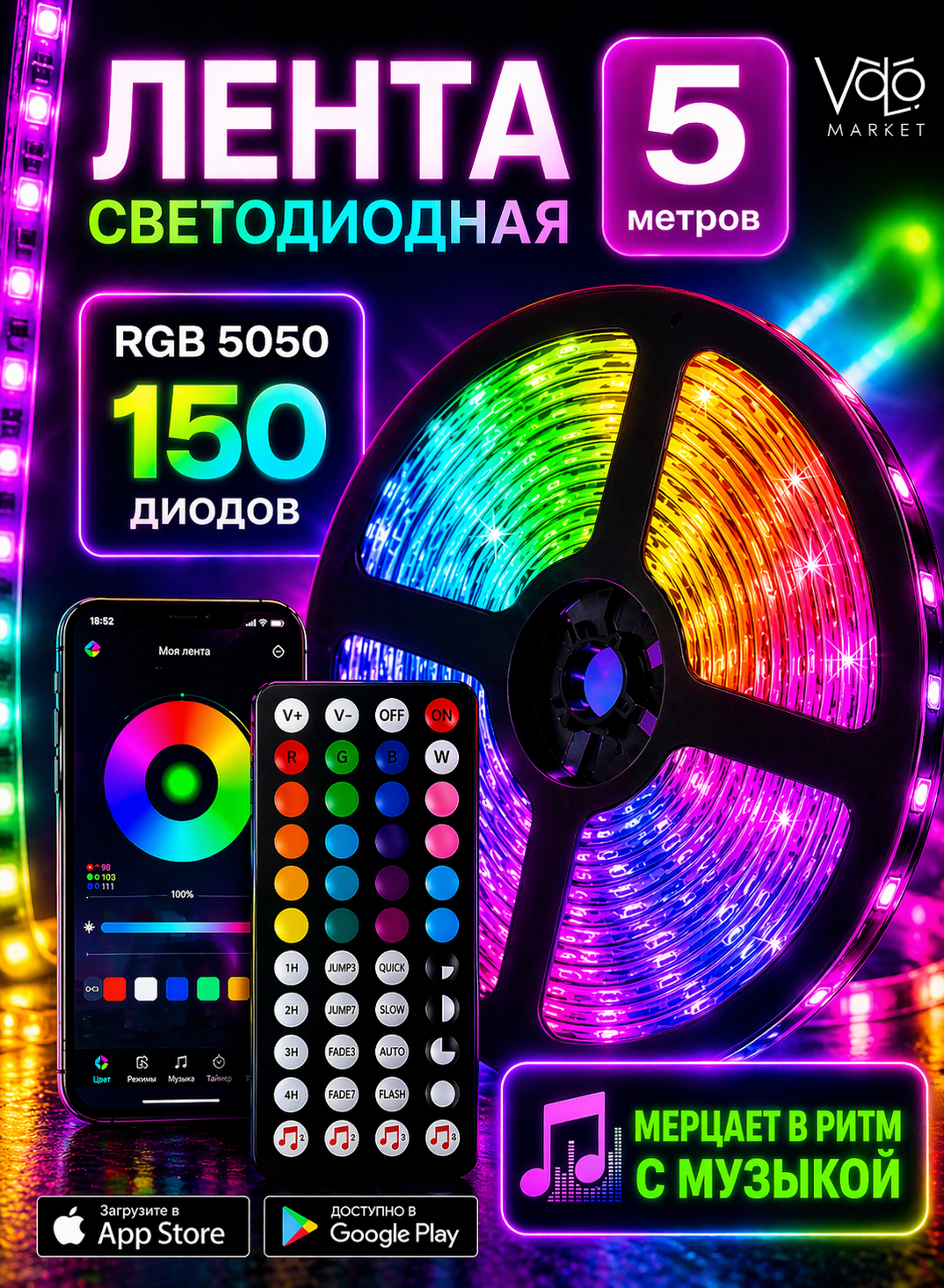 Светодиодная лента RGB Bluetooth с пультом управления многоцветная, гирлянда, подсветка, 5 метров/ диоды 5050