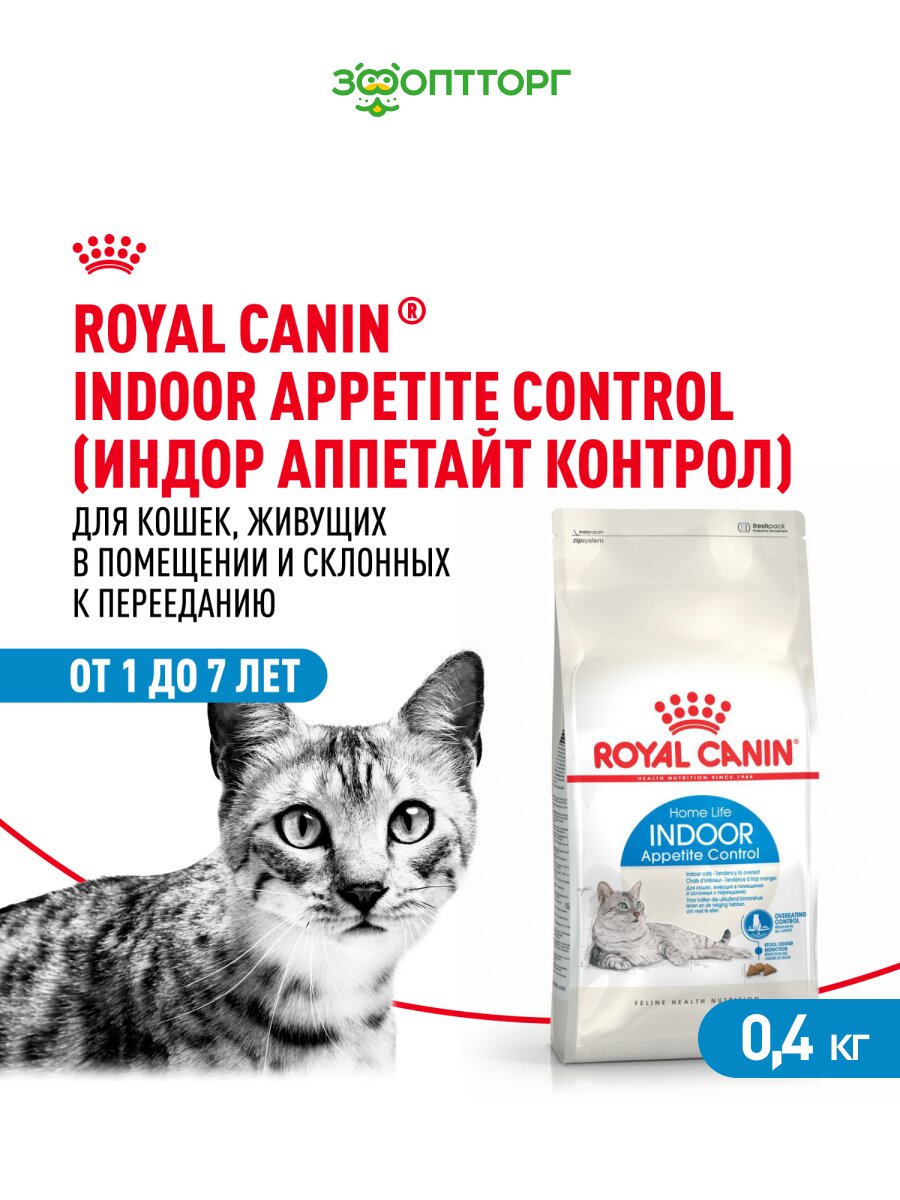 Сухой корм Royal Canin Indoor Appetite Control для домашних кошек склонных к перееданию, Птица, 400 г