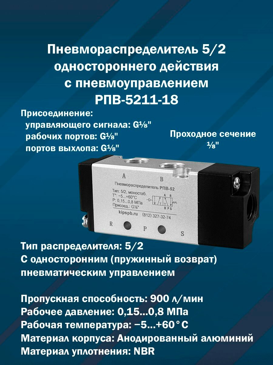 Пневмораспределитель 5/2 одностороннего действия с пневмоуправлением РПВ-5211-18 (G1/8")