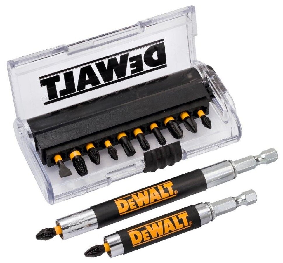 Набор бит для шуруповерта DeWalt / ДеВолт с двумя магнитными держателями, стальные, длина 25мм, в упаковке 14 предметов / инструменты