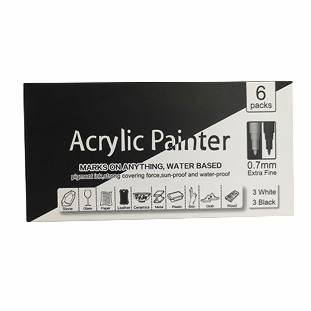 Акриловый маркер для рисования на камне, дереве, керамике, стекле, металле, одежде, черный 3 белый 3