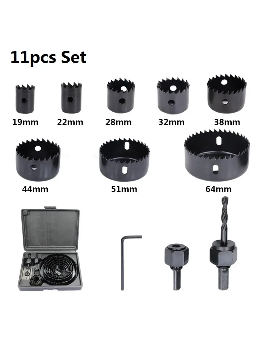 Набор коронок по дереву XCAN, 11 предметов, 19-64мм, с адаптером