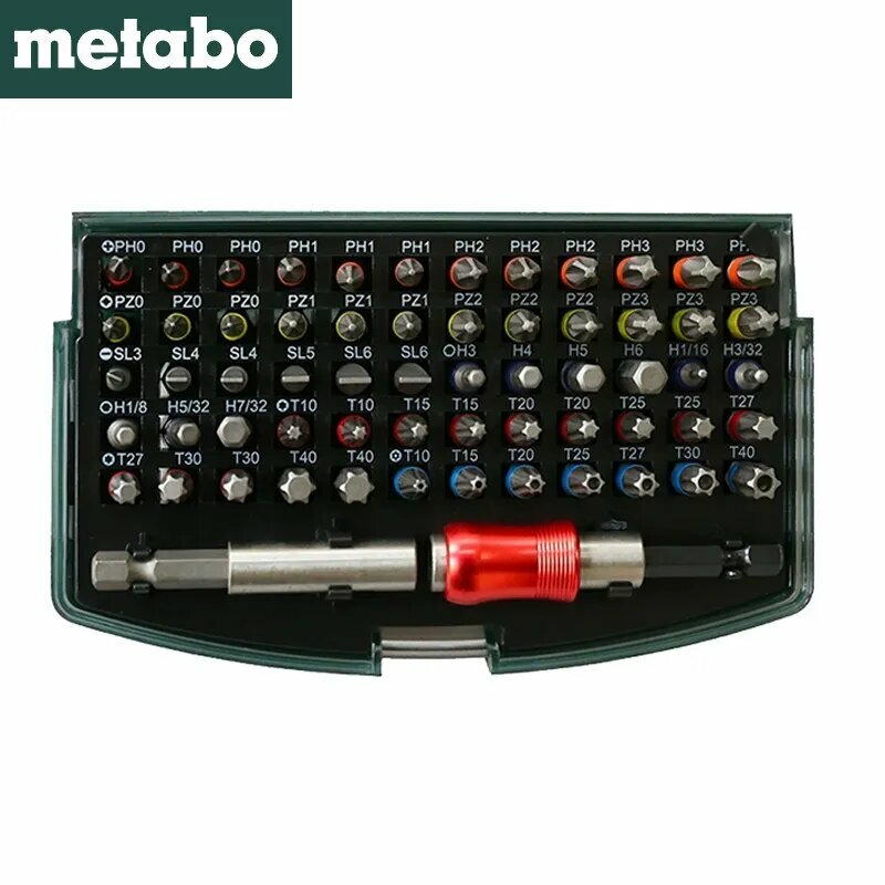 Набор бит (биты с держателем) 62 шт Metabo 647013000, аксессуары для электрических отверток PH, PZ, SI, Hex, Torx, Torx w/pin