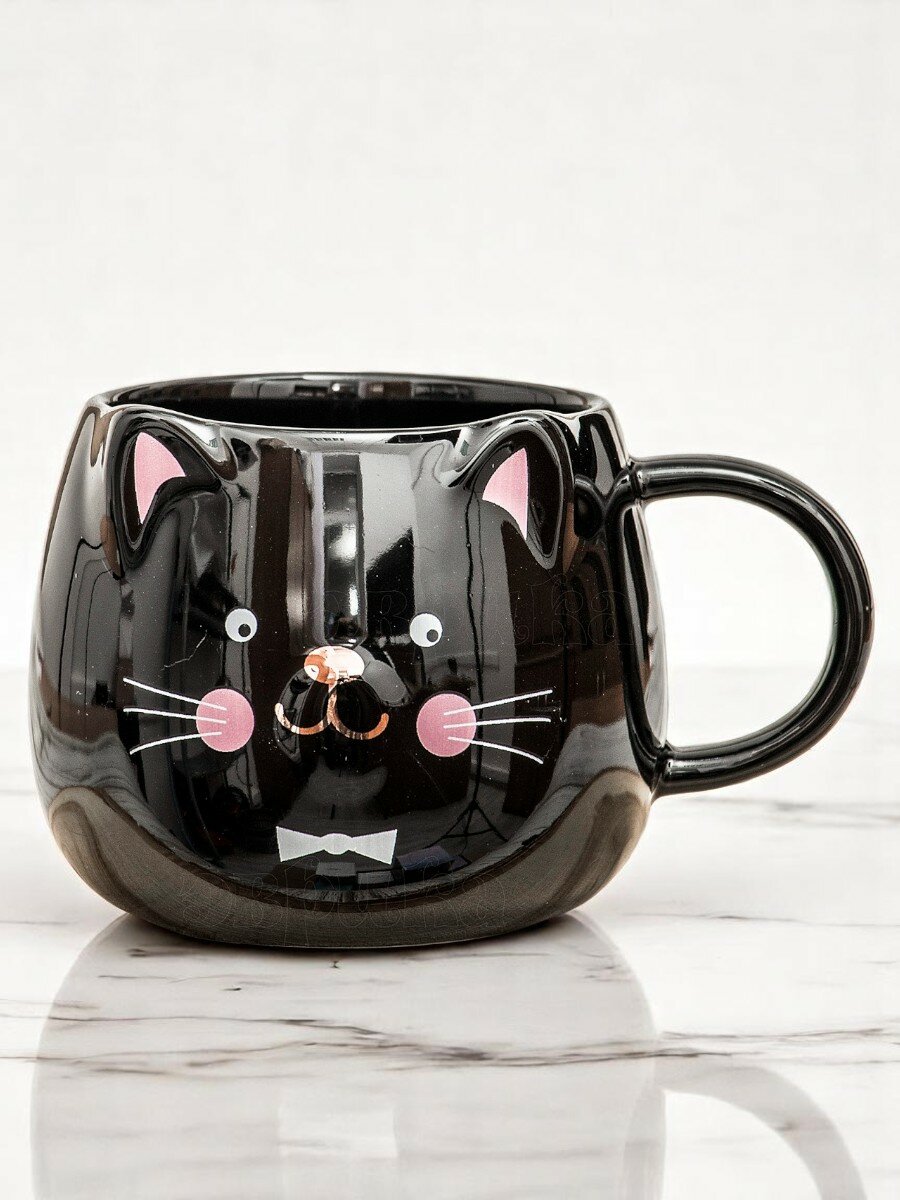 Кружка для чая Кот Джентльмен черный 440 мл (N 3), чашка для кофе, керамическая, с принтом, женская, детская, подарочная