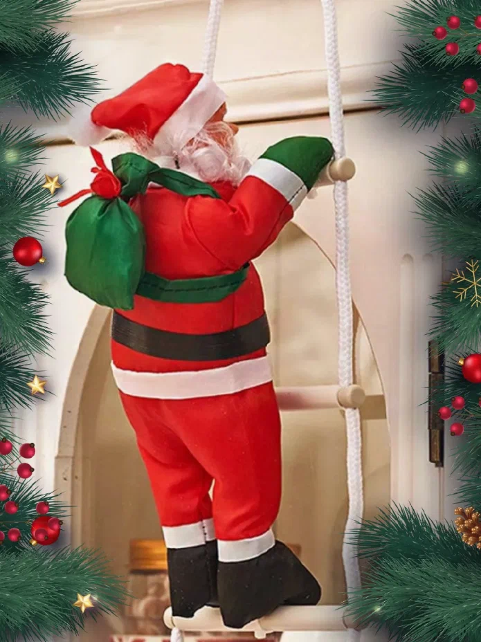 Новогодняя игрушка Дед Мороз (Санта Клаус) на подвесной лестнице, полный размер: 40*15см