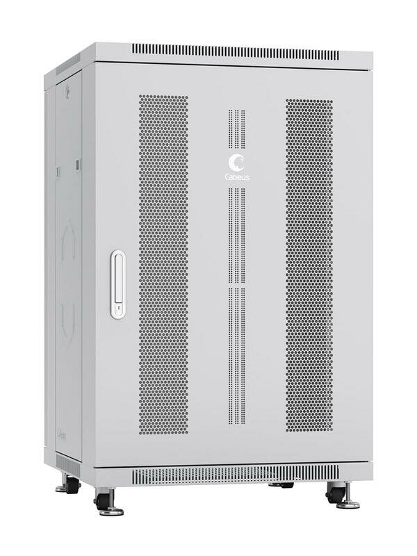 Шкаф монтажный телекоммуникационный напольн. ND-05C-18U60/60 19дюйм 18U 600х600х988мм для распределит. и серверн. оборудования; передн. и задн. перфорир. двери ручка с замком RAL 7035 сер. Cabeus 7656c