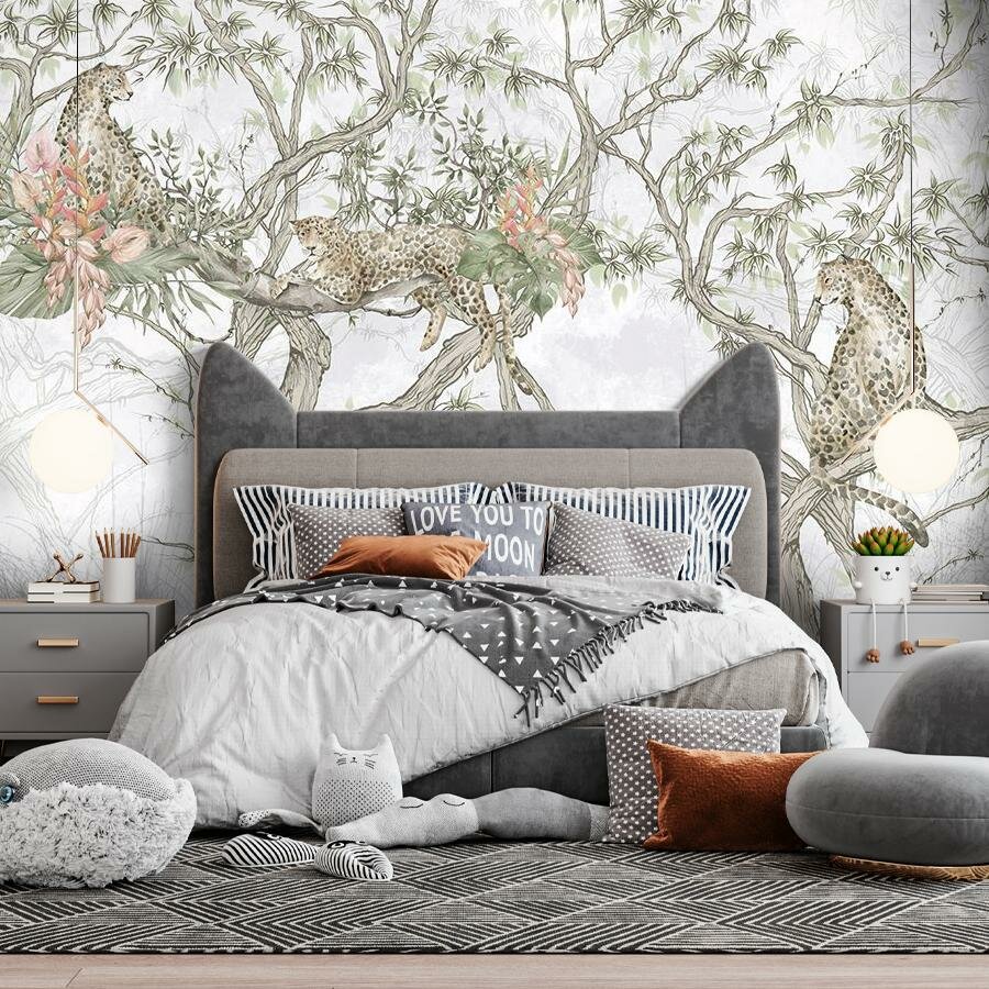 Фотообои Леопарды китайская живопись 14-448-S-Холст 270 x 200 см (ВхШ) Бесшовные, флизелиновые, влагостойкие обои MasterFresok