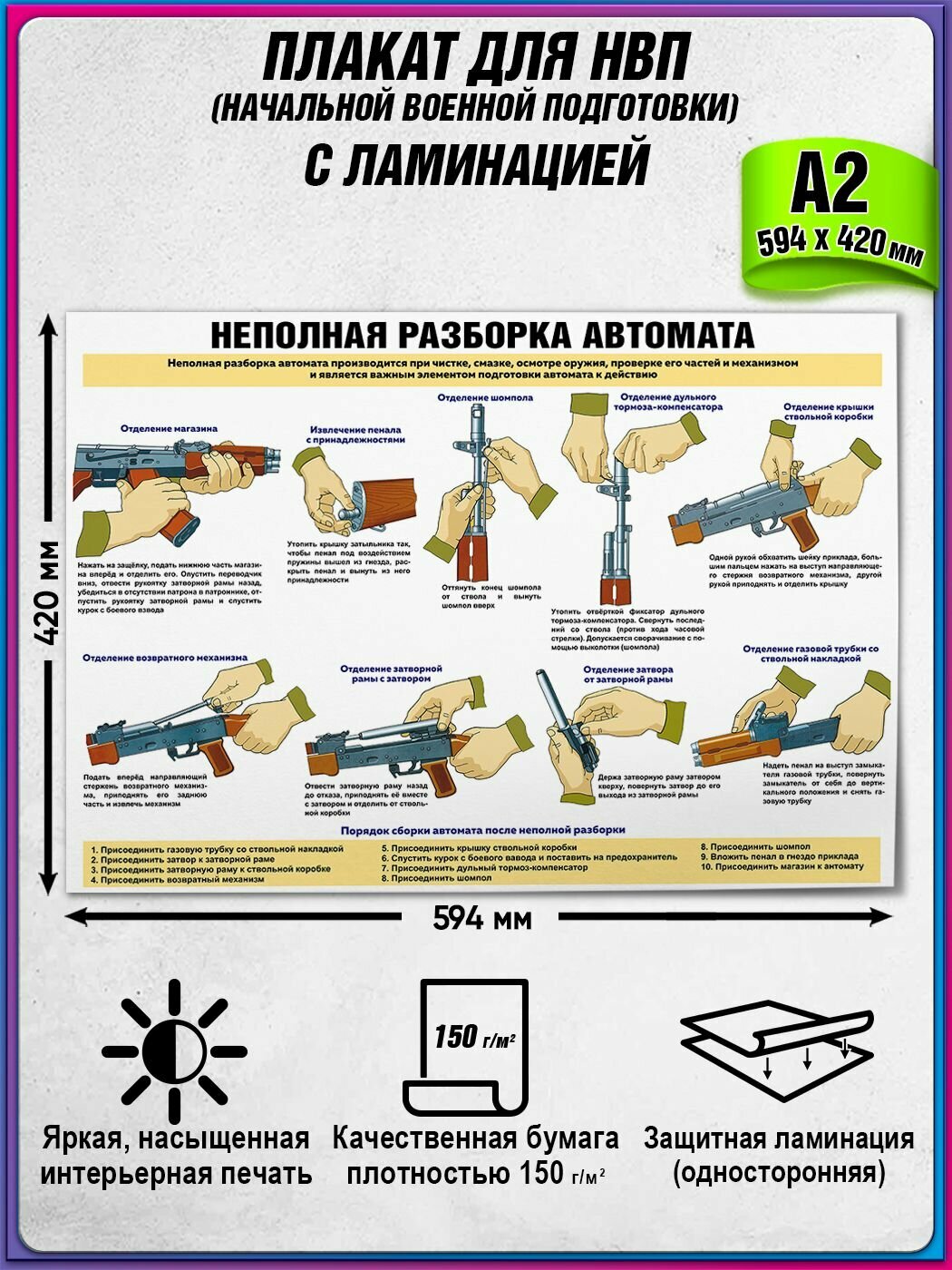 Информационный военный плакат "Неполная разборка автомата Калашникова" / ламинированный / А2 (60x42 см.)