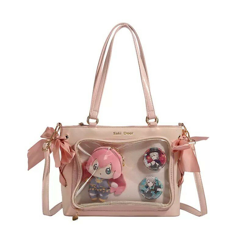 Genshin impact 3d cartoon canvas shoulder bag with satin bow detail and adjustable shoulder strap, pink