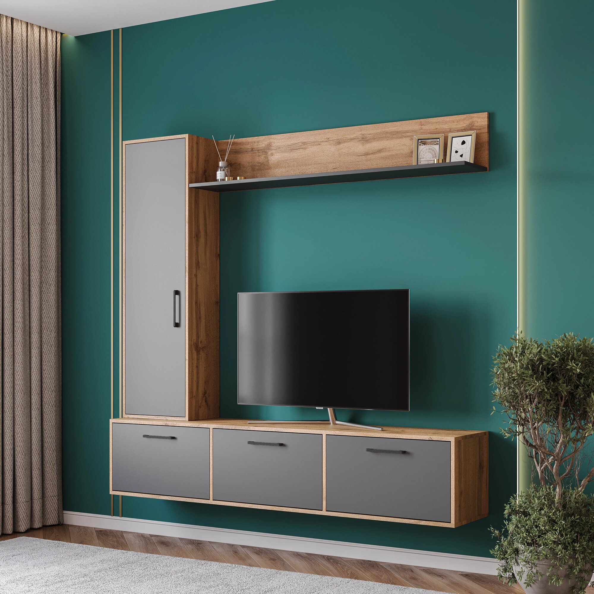 Модульная гостиная DIWO Кострома 180-3 дуб вотан, антрацит, ручка черная