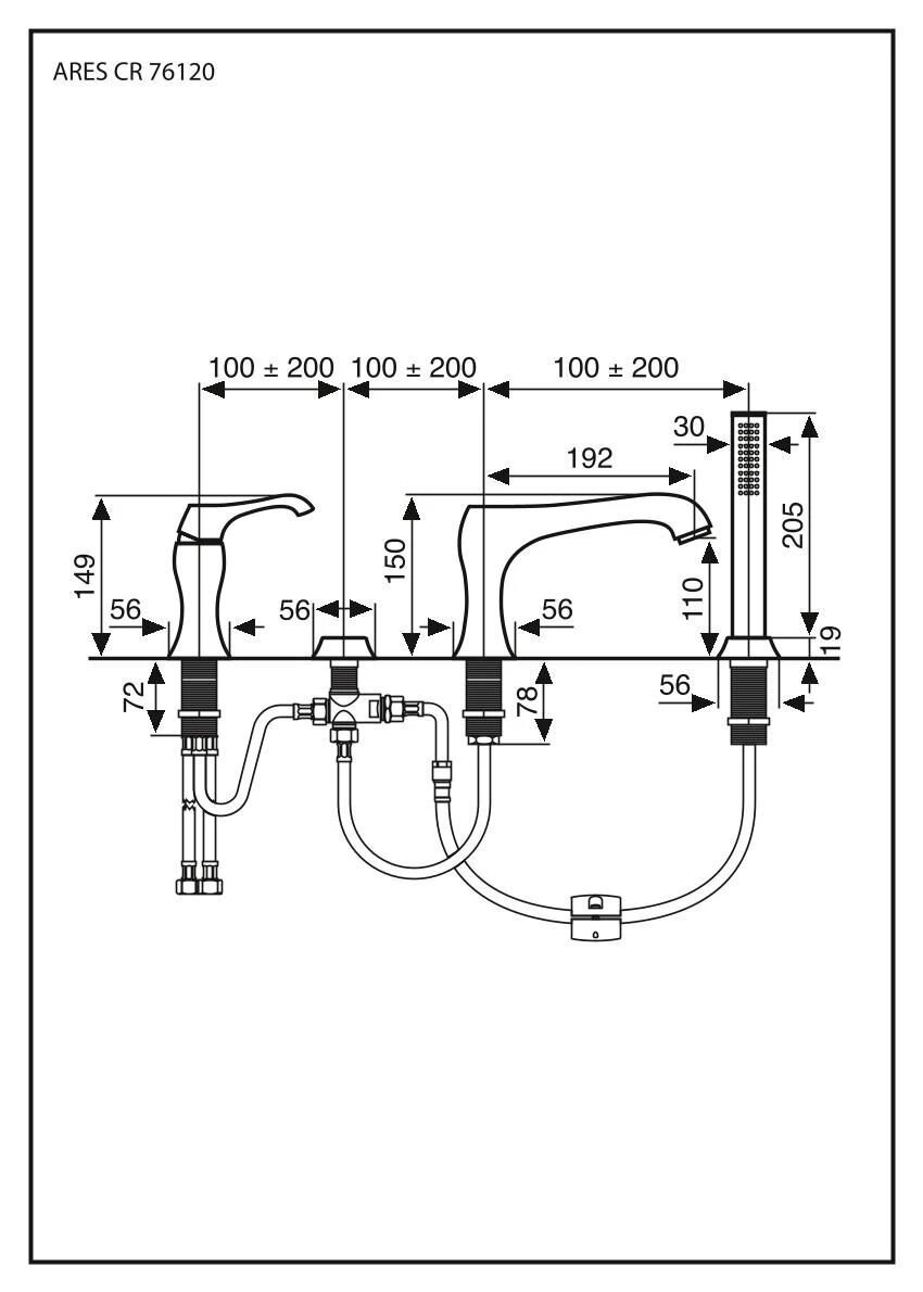 Emmevi Ares, комплект смесителя на борт ванны на 4 отверстия (излив 19,2 см), с набором для душа, цв