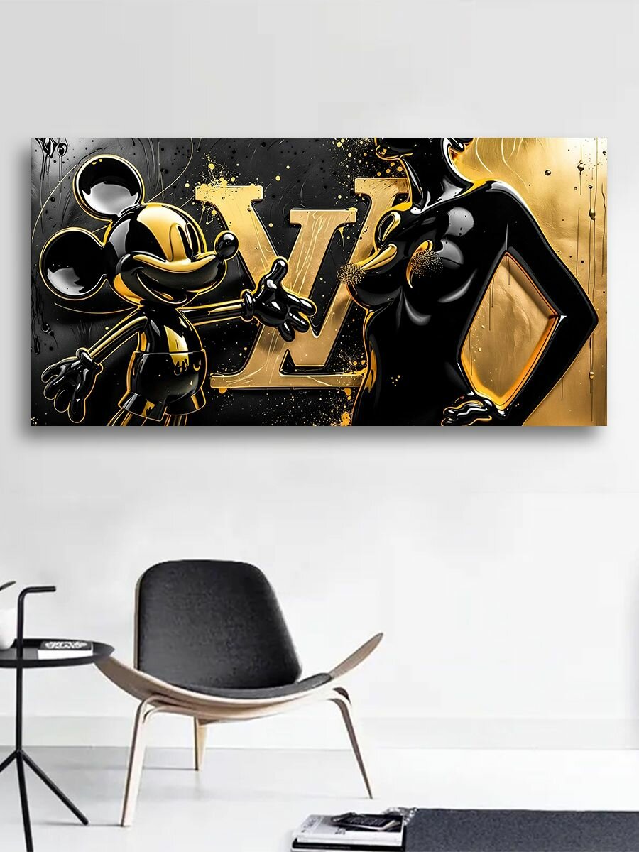 Картина интерьерная на стену - "Микки Маус, Louis Vuitton и девушка / Черно-золотой" , 40х80 см.