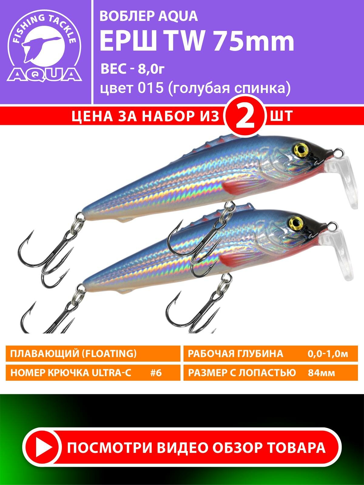 Воблер для рыбалки плавающий AQUA Ерш TW 75mm 8g заглубление от 0.1 до 1m цвет 015 2шт