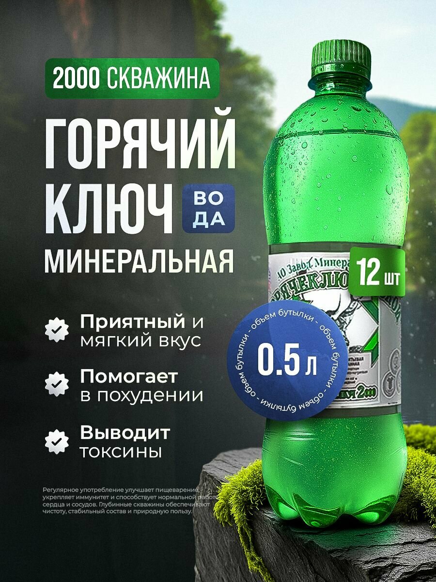 Минеральная вода "Горячий Ключ 2000", 0,5 л, (ПЭТ) питьевая газированная, лечебная, 6 шт.