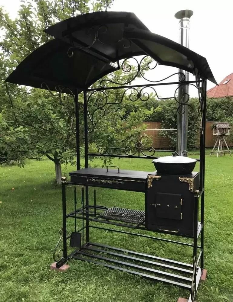 Мангал с крышей и печкой под казан металлический для дачи и сада, мангал с навесом и печью для казана 3 мм