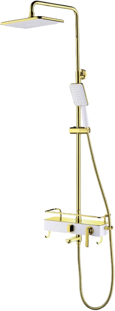 Душевая стойка Lemark Mista LM6462WG со смесителем, золотая, белая, глянцевая, с тропическим душем, с изливом, с лейкой, душевая система, латунная, рычаг сбоку