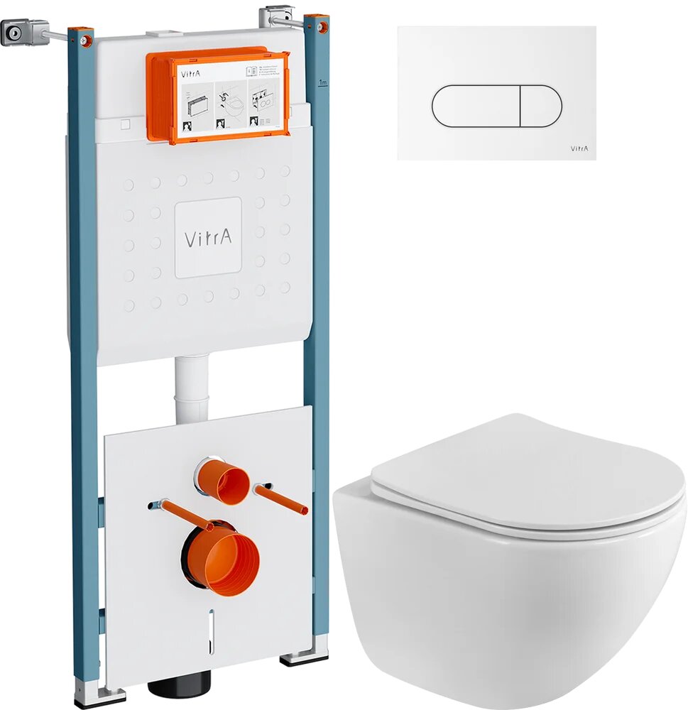 Комплект 3 в 1 Унитаз подвесной BelBagno Libero BB11051CH-TOR/SC / Инсталляция VitrA V-Fix Core 732-5800-01PV / Кнопка Root Round 740-2200 цвет глянцевый белый