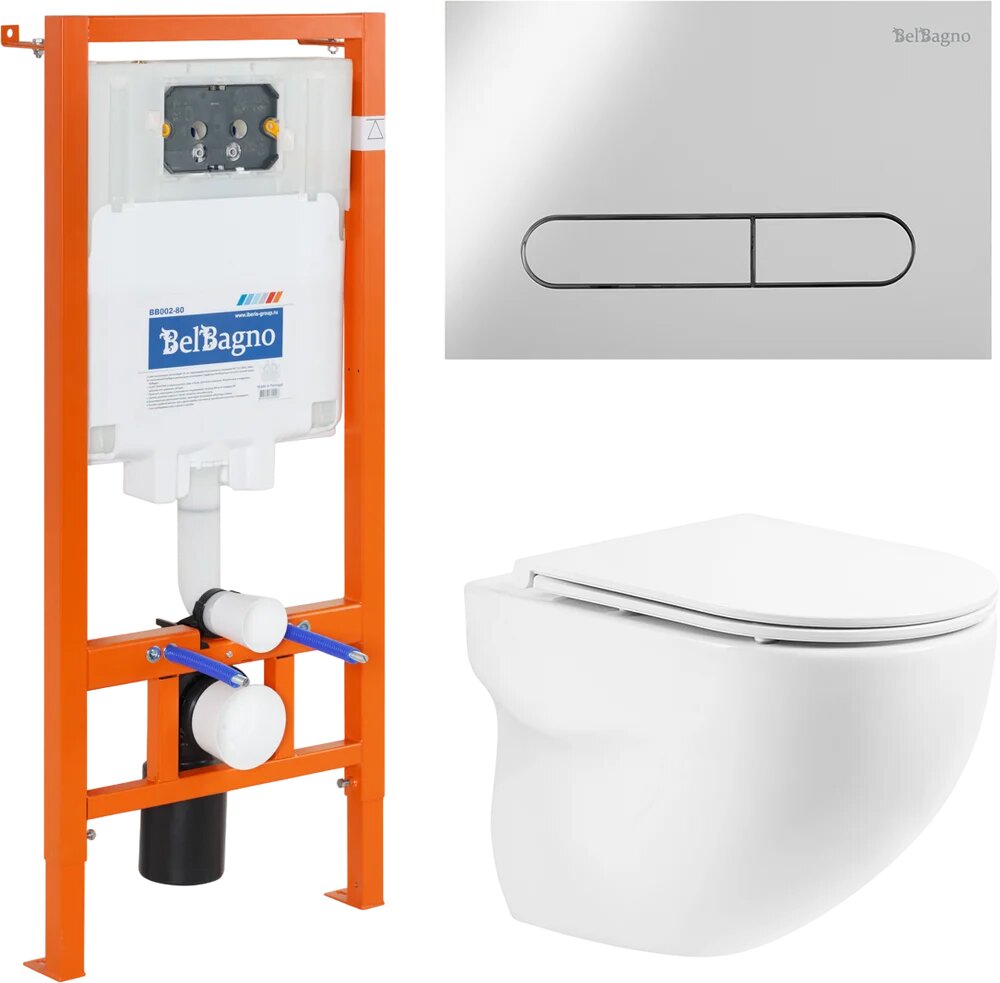 Комплект Унитаз подвесной BelBagno Onda BB066CHR безободковый, крышка BB870SC / Инсталляция BB002-80 с кнопкой BB005-PR-CHROME