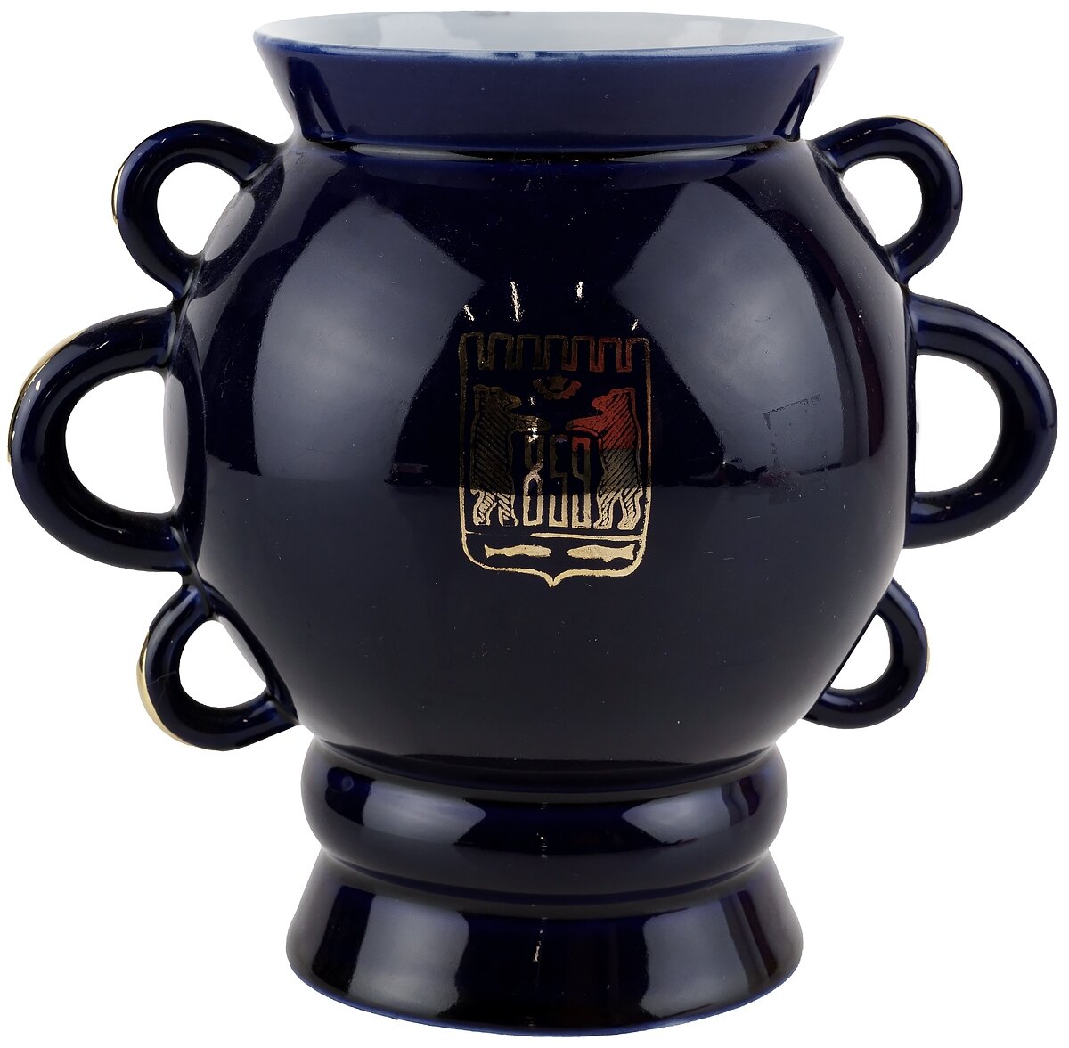 Ваза "Герб Новгорода 859". Фарфор, кобальтовое покрытие, высота 16 см, винтаж, Бронницы, СССР, вторая половина 20 века