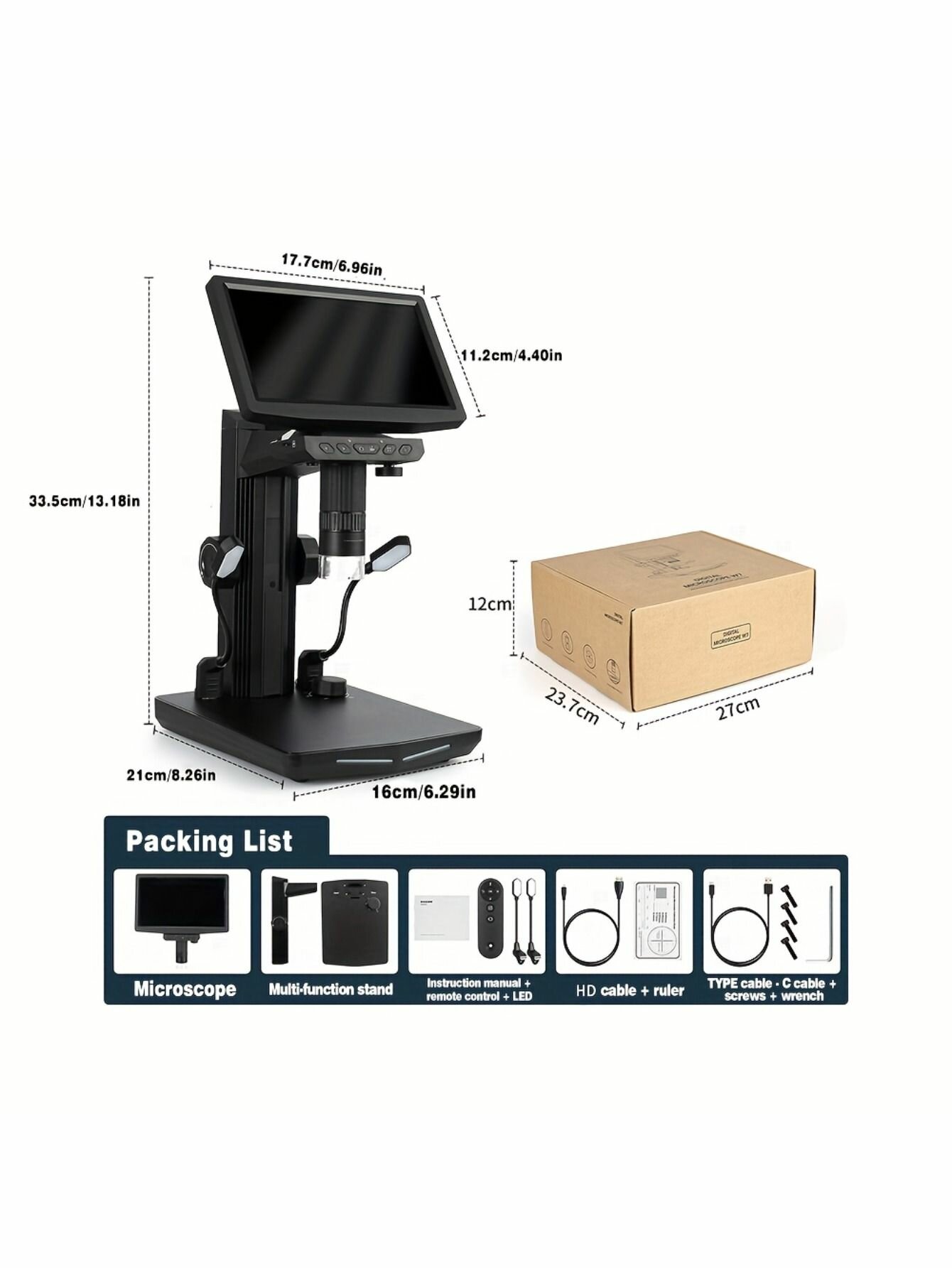 Цифровой микроскоп 7" Full HD 1080P IPS 50-1600x USB-зарядка литий-аккумулятор ABS 36V для сварки/электроники/монет совм с Windows/Mac/телевизорами