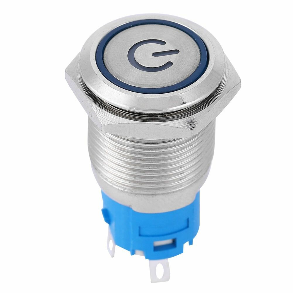 Металлическая кнопка с синей подсветкой, самовозврат, 16mm