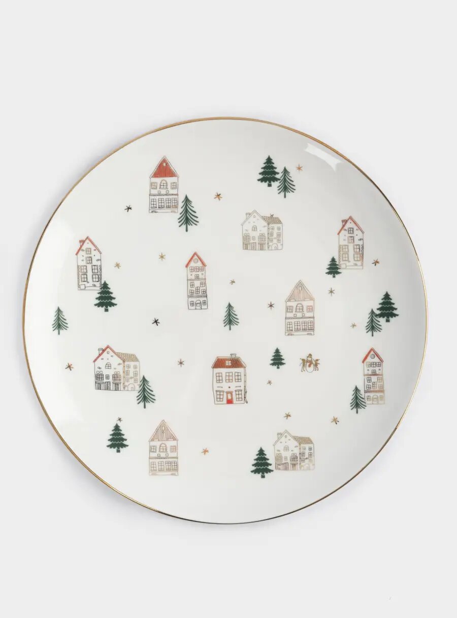 Тарелка обеденная, 27 см, фарфор N, бело-золотистая, Домики и ели, Townlet