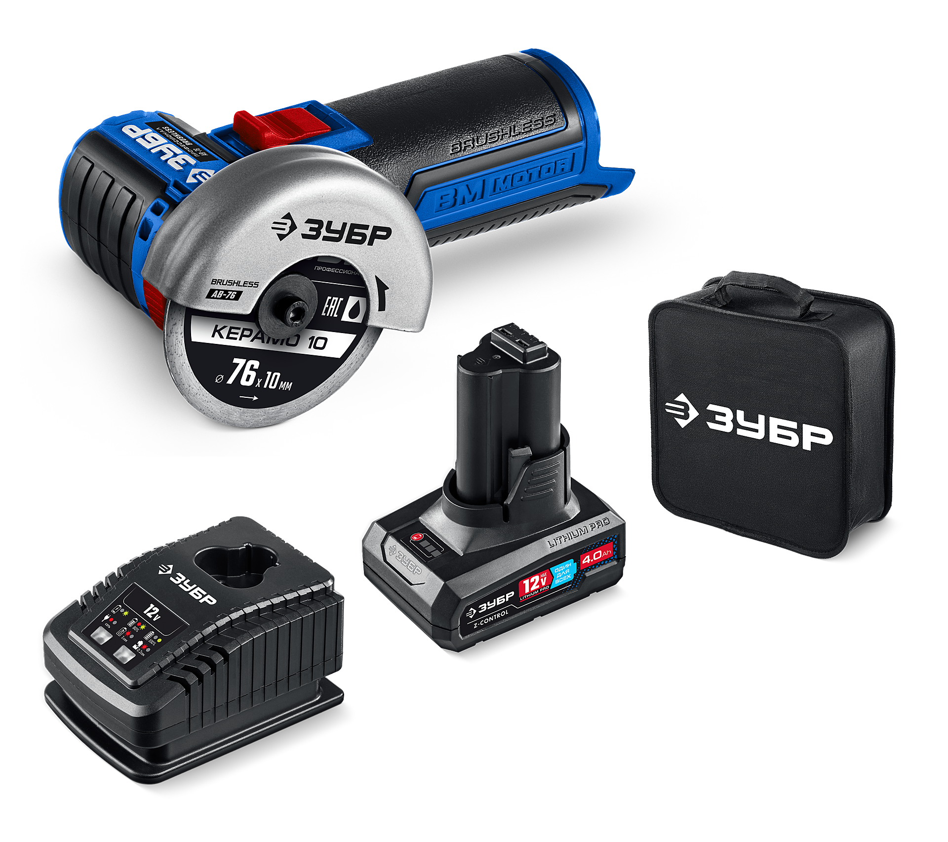 Бесщеточная УШМ ЗУБР 12 В, D76 мм, 1 АКБ тип Т7 (4 А·ч), сумка, Профессионал (AB-76-41)