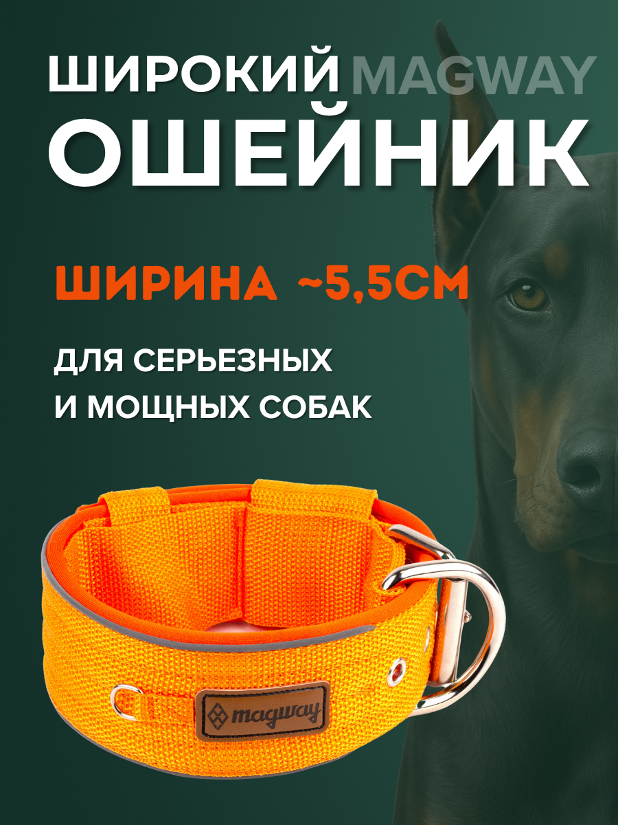 Ошейник для средних и крупных пород MagWay широкий 5,5см, мягкий, на неопрене, для щенков и взрослых, обхват шеи 45-57см, цвет оранжевый