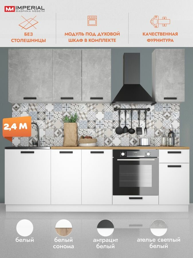 Кухонный гарнитур 2,4 модульный, кухня без столешницы, серый белый Ника Нео