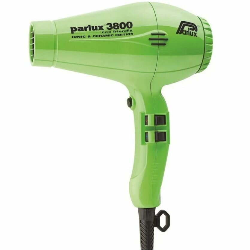 Parlux Фен для волос 3800 Eco Friendly 2100 Вт, скоростей 2, кол-во насадок 2, зеленый (Цвет товара: зелёный; Размеры, мм: 185)