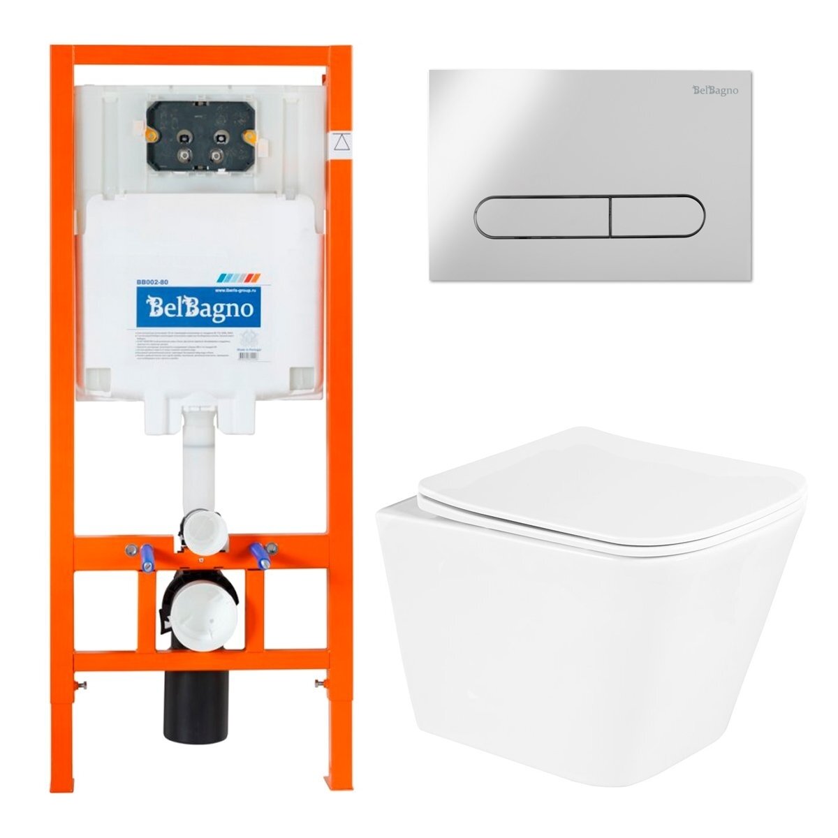 Унитаз подвесной BelBagno Due BB3103CHR/SC безободковый, с крышкой микролифт, с инсталляцией и кнопкой хром