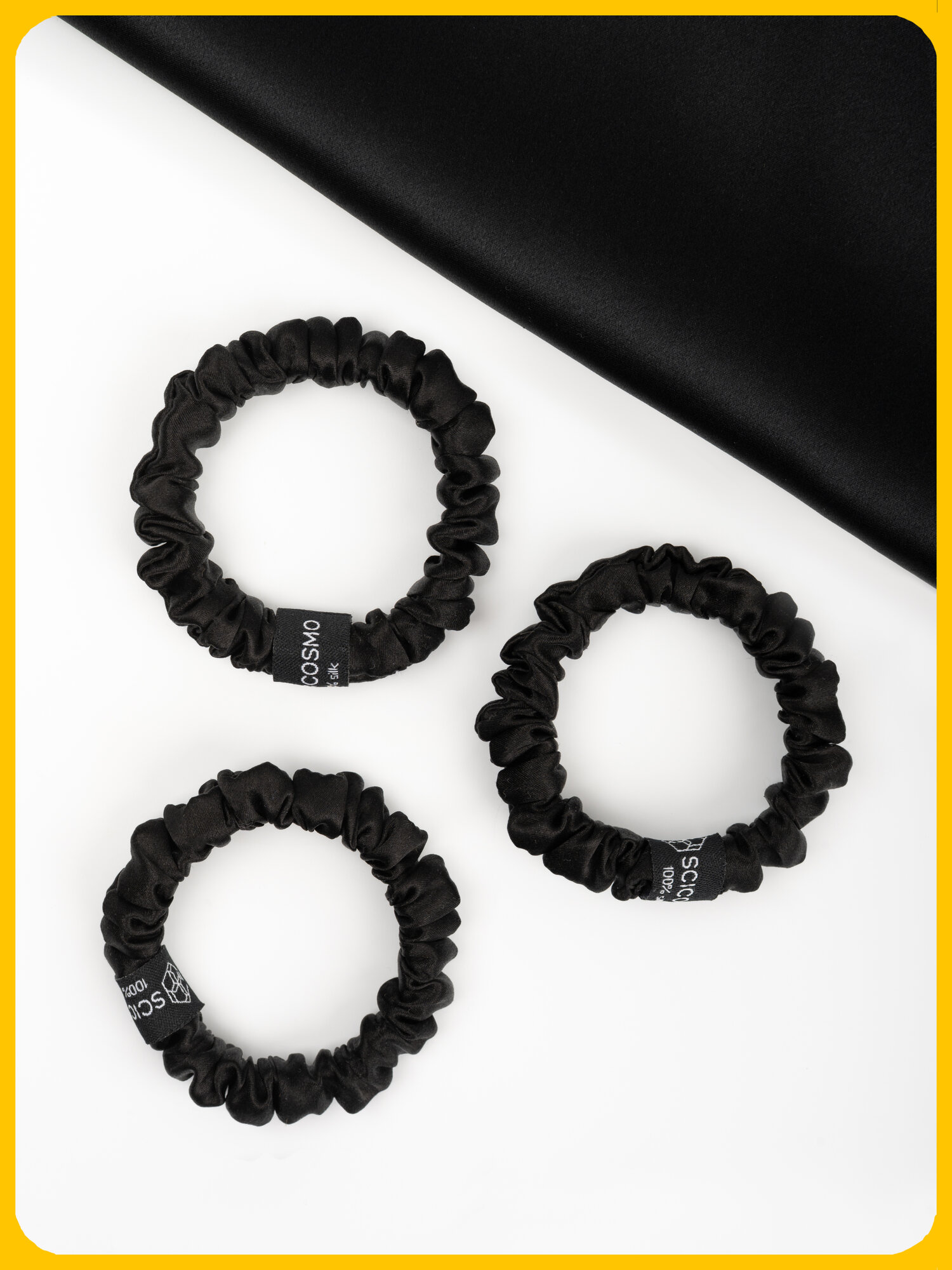 100% натуральный шелк 19 момми/Набор из 3-х резинок 1,5 см/черный цвет