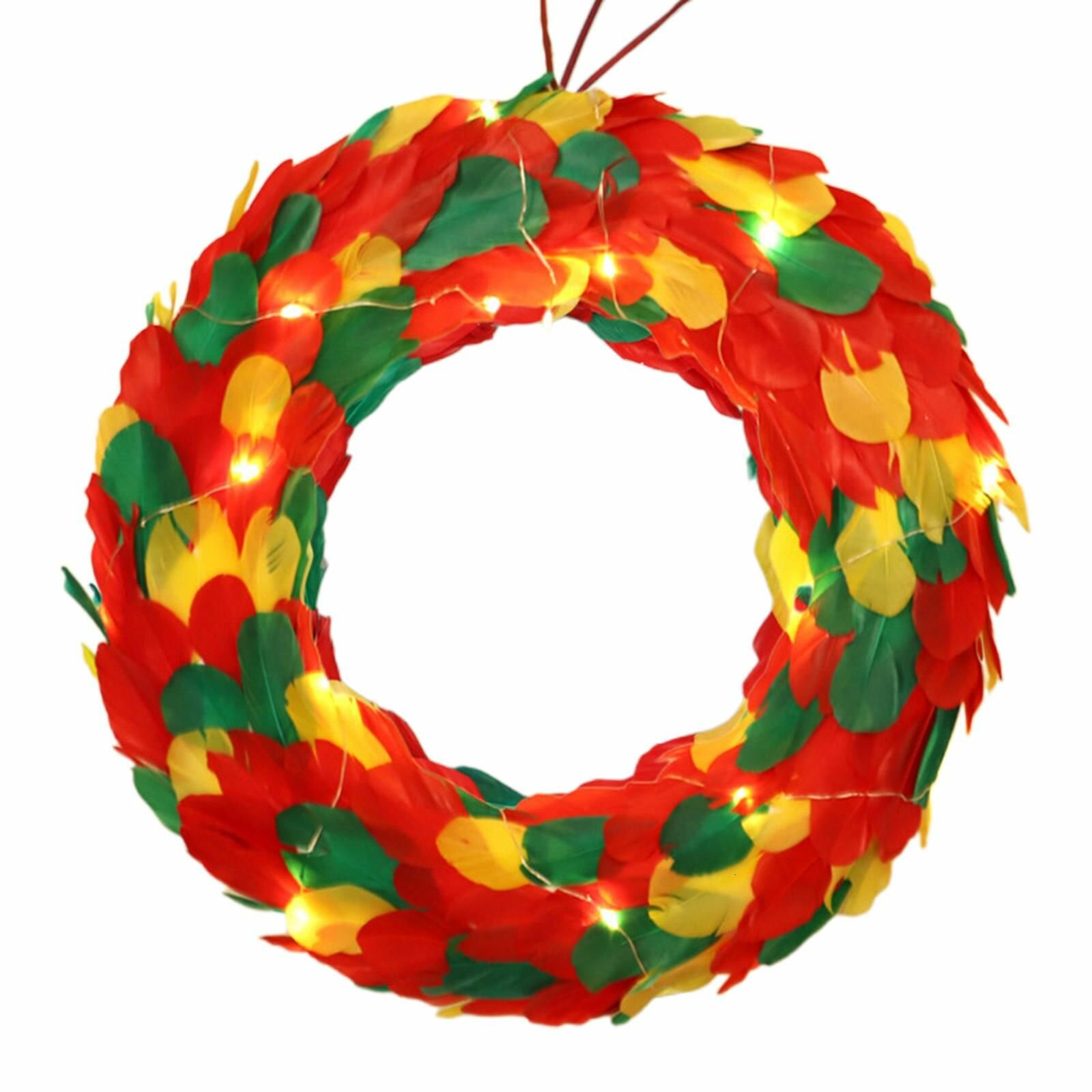 Подвесное украшение-гирлянда из разноцветных пасхальных перьев-красная, желтая и зеленая с подсветкой