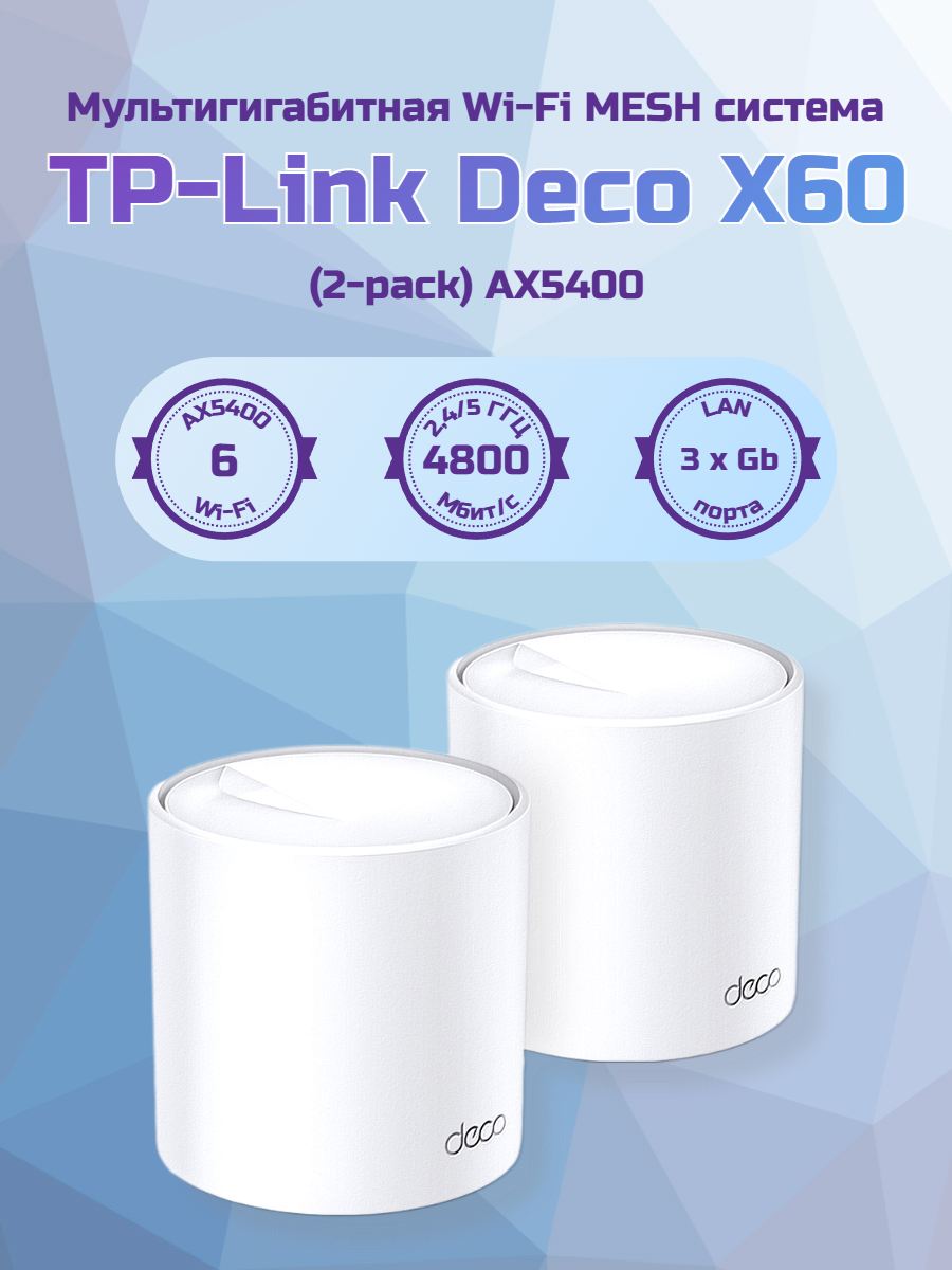 Домашняя Mesh Wi-Fi система TP-Link Deco X60(2-pack) AX5400, v3.20