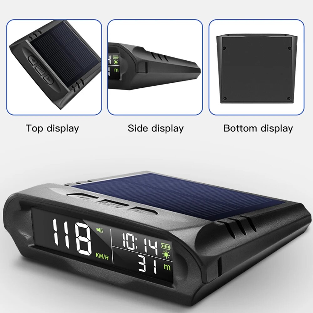 Солнечная зарядка, беспроводной GPS-дисплей, солнечный Hud, Mph KM/H, спидометр, время/скорость/температура/высота, проекционный дисплей, автомобильные часы, Черный