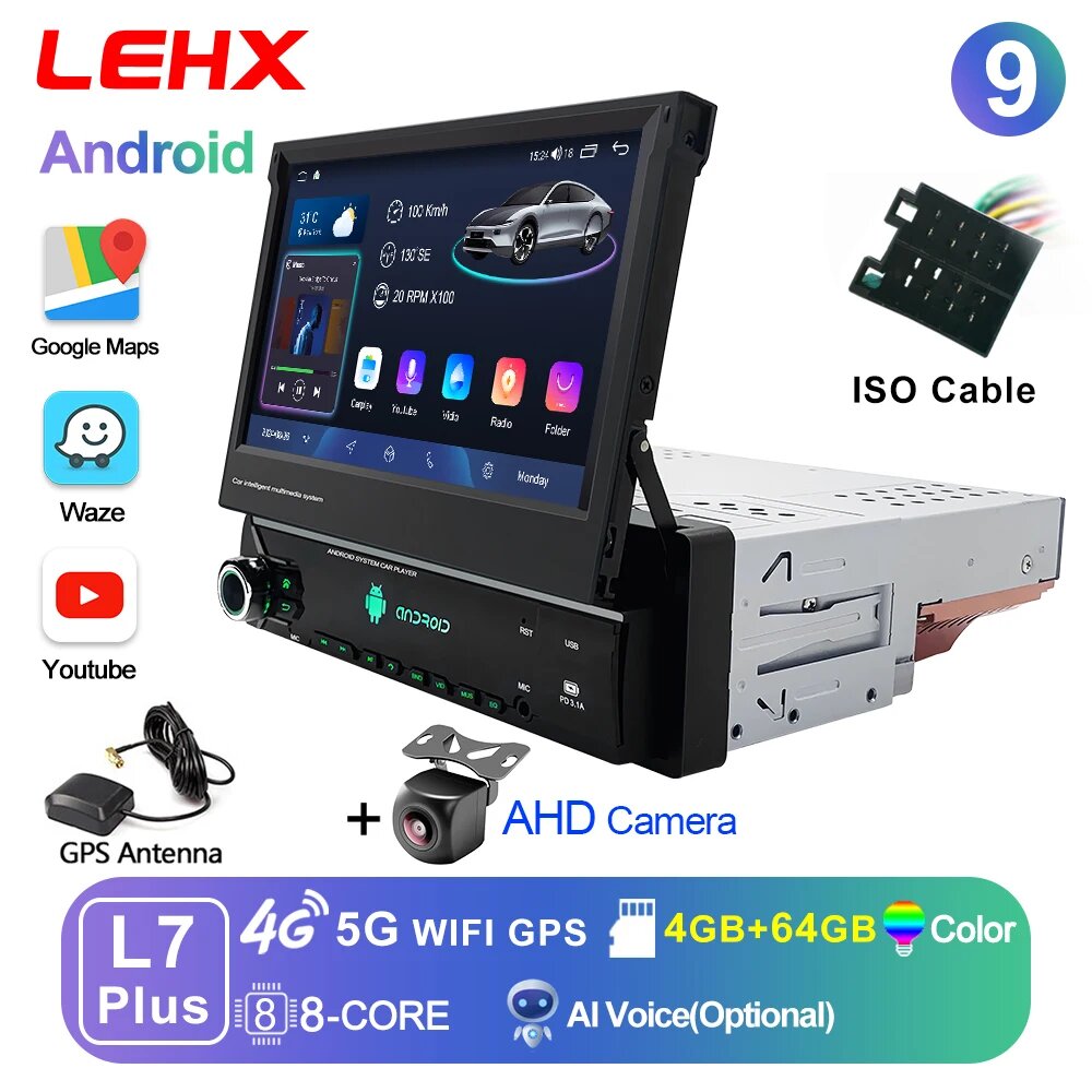 Радио LEHX 1Din Android Auto Carplay 7 "HD Универсальная стерео GPS-навигация с выдвижным экраном Автомобильное радио Мультимедийное видео головное устройство DVD, L7 Plus(4-64GB)CAM